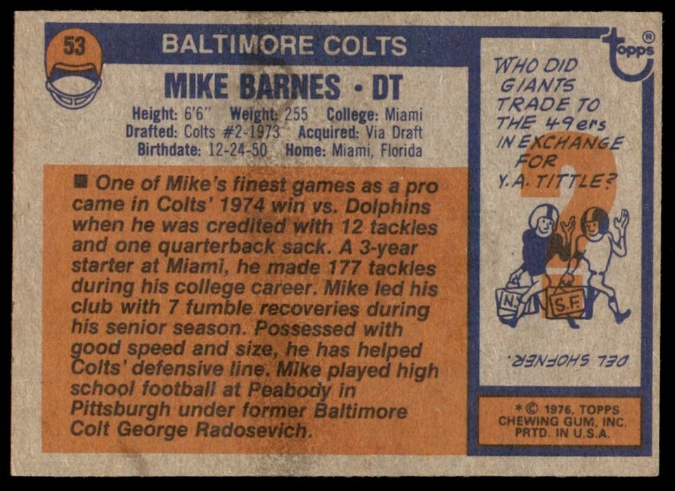 1976 Topps Mike Barnes RC Baltimore Colts #53 EX-EXMT | eBay