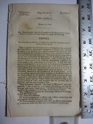 Government Report 1828 War Of 1812 John Gates Jr Paymaster Pay ...