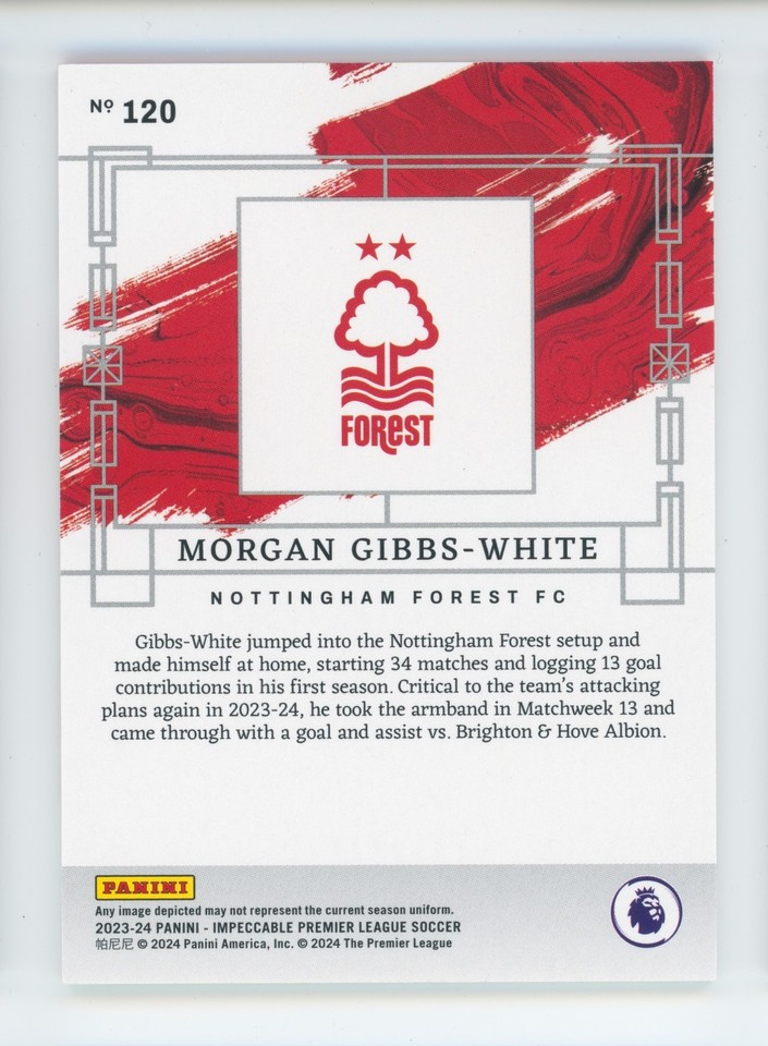2024-25 Morgan Gibbs-White Panini Impeccable Ruby/Gold Nottingham ...