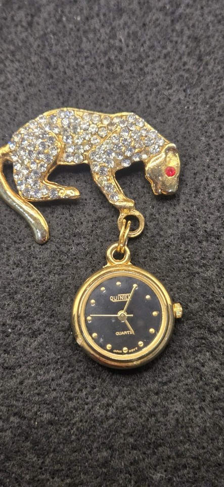 Vtg QUINTEL Dangle Watch BROOCH Rhinestone PANTHER Gold Tone Needs ...