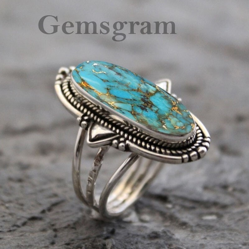 925-Sterling Silver Handmade Blue Copper Turquoise Gemstone Women's ...