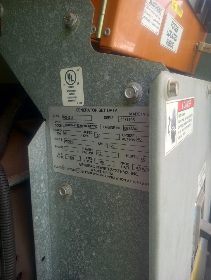 30KW Generac 0051911 120/240 125A 1PH Nat Gas LP Generator 428 Hrs ...
