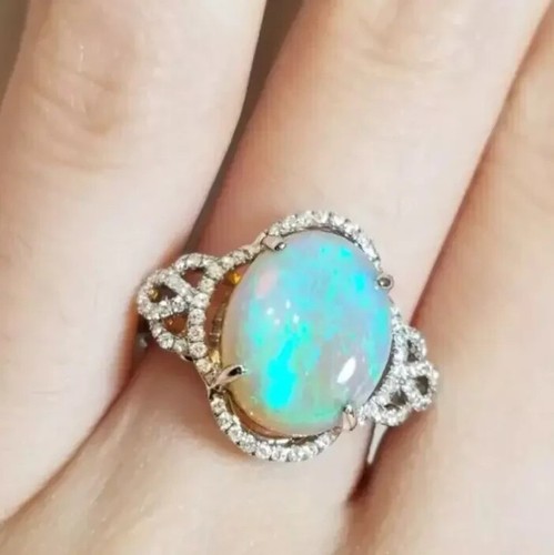 4Ct Oval Cut Lab Created Fire Opal Womens Engagement Ring 14K White ...
