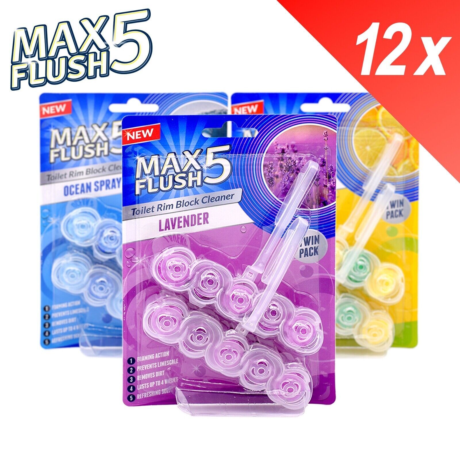 12x Max Flush 5 Toilet Rim Block Cleaner Twin Pack (12 x 2 = 24 x45g ...