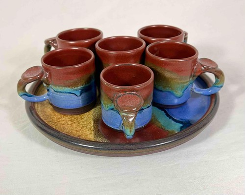 Set of 7 Hand Thrown Mini Mugs Plate Blue Stoneware Art Pottery Signed ...