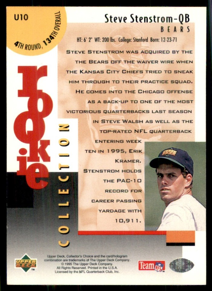 1995 Collector's Choice Update Gold Steve Stenstrom Chicago Bears #U10 ...