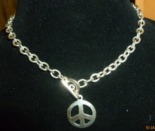Vintage Chunky Silver Tone Chain Necklace Peace Symbol Pendant Choker ...