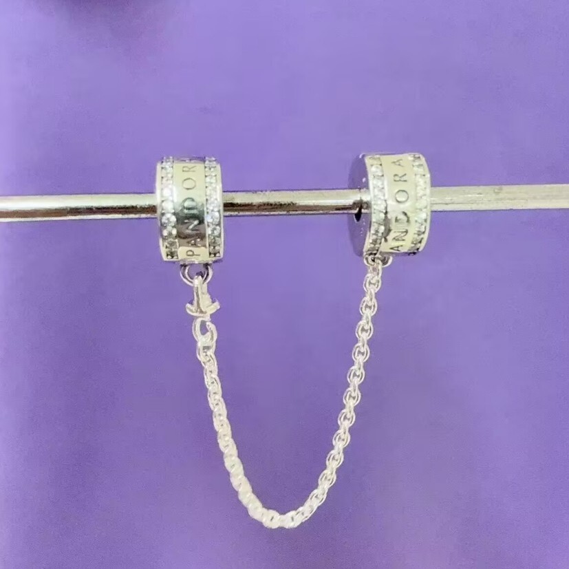 Genuine Pandora Moments Logo Safety Chain Pave Row CZ Clip Charm ...