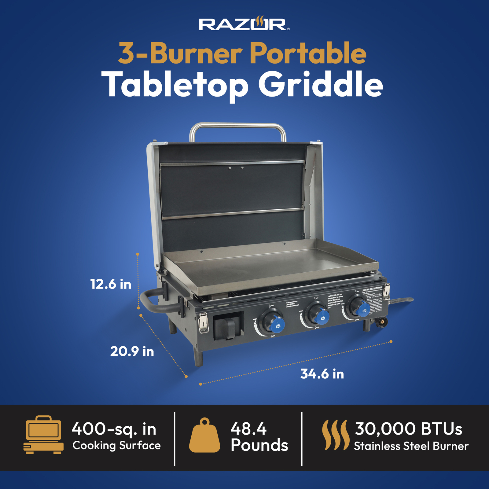 Razor 34.5" 3 Burner Portable Tabletop Griddle for Backyard Cooking and ...