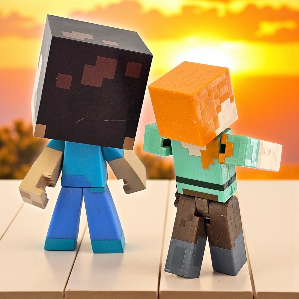 Minecraft Figure Lot Alex Holding Bow & Steve Mojang Notch Ball Jointed ...