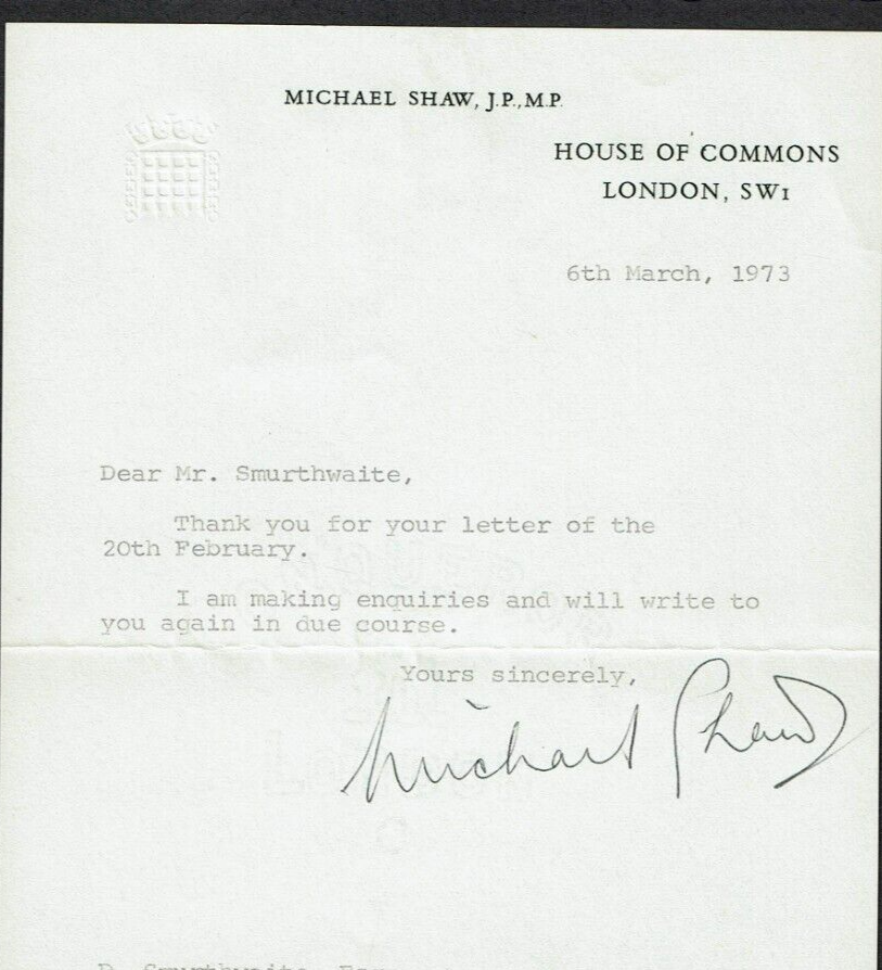 Michael Shaw MP Hand Signed hand Signed House of commons letter ...