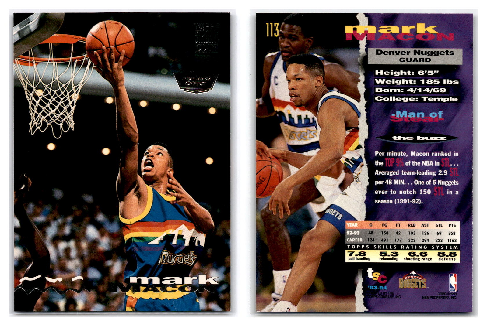 1993-94 Stadium Club Members Only #113 Mark Macon - Denver Nuggets ...