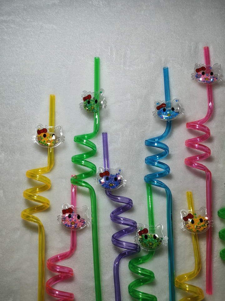 10 Hello Kitty like Star Face Swirly Crazy Plastic Reusable Straws ...