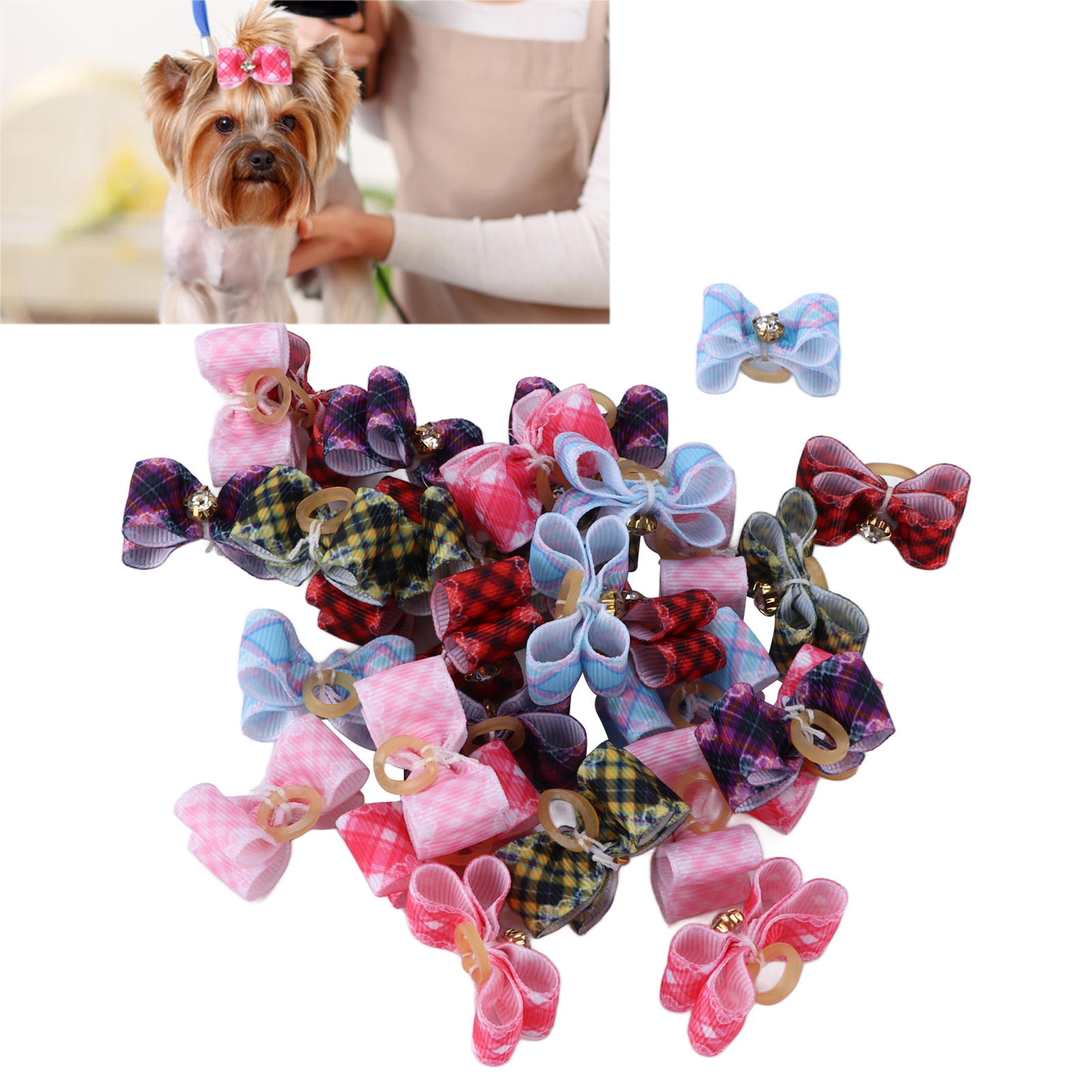 30Pcs Pet Grooming Bowknot Dog Cat Rubber Band Tiny Colorful Lattice ...