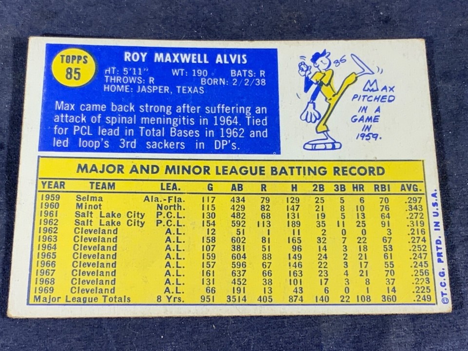 A5-51 BASEBALL CARD - MAX ALVIS CLEVELAND INDIANS - 1970 TOPPS - CARD ...