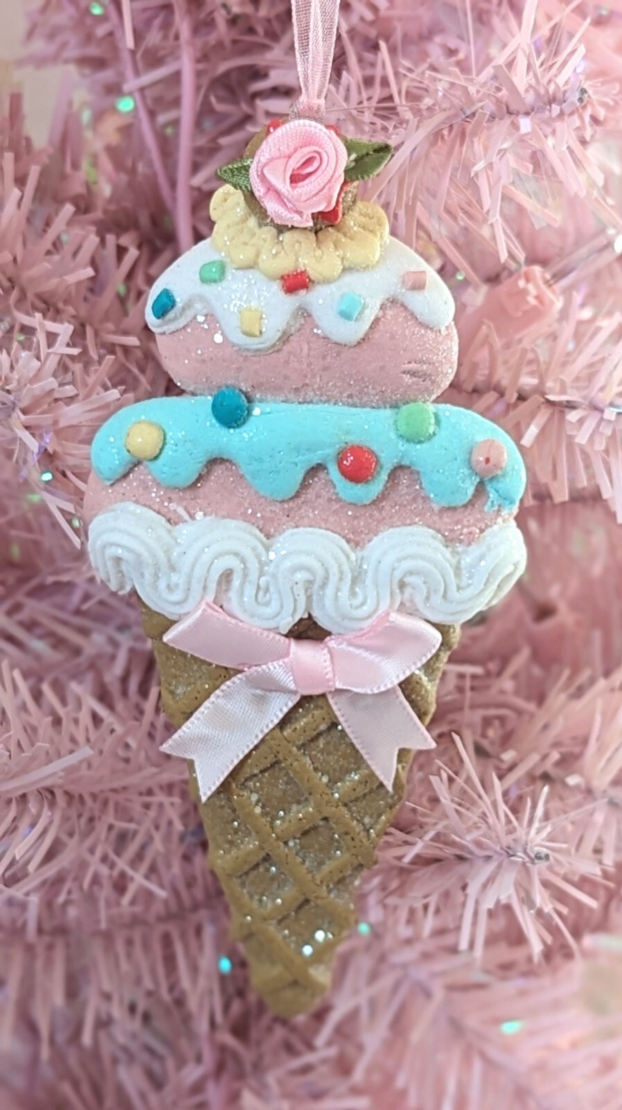 Shabby Chic Pink Roses Bow Gingerbread Cookie Ice Cream Cone Candyland ...