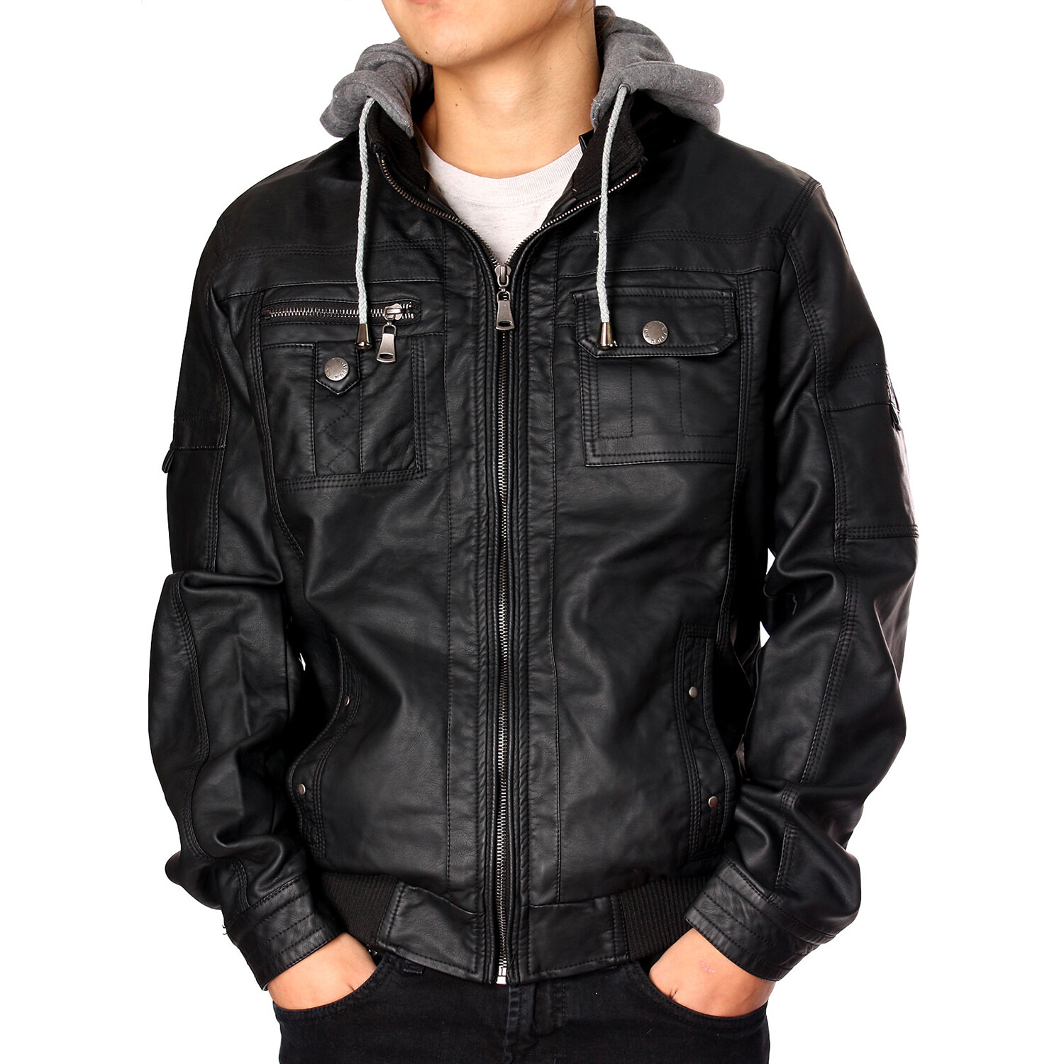 Mens Black Leather Jacket With Hoodie