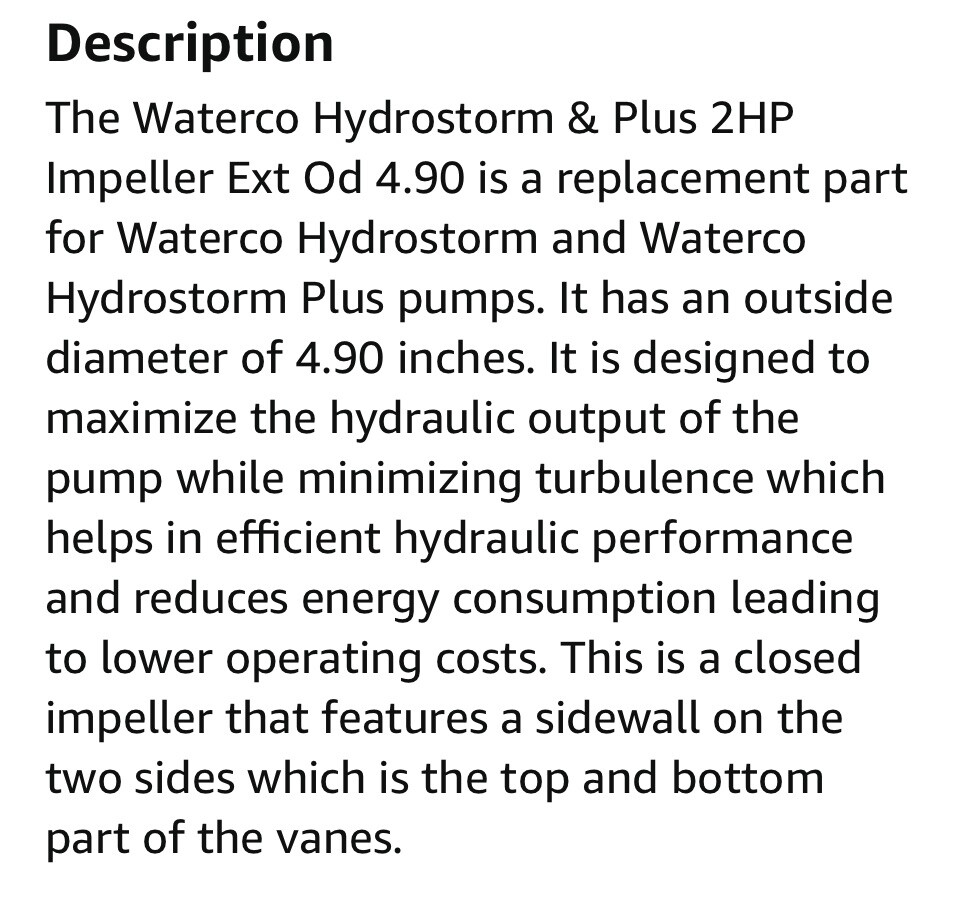 Waterco 63401525 Impeller Hydrostorm /Hydrostorm plus | eBay