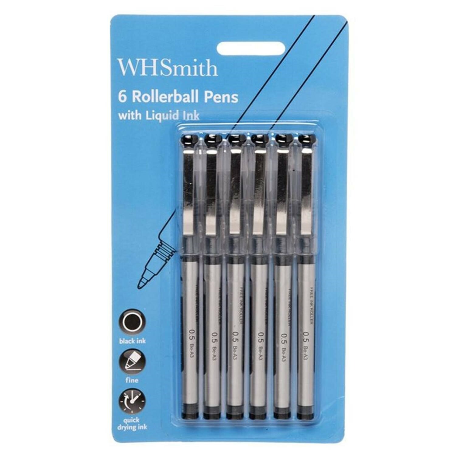 WHSmith Liquid Ink Rollerball Pens Fine Nib & Quick Drying Black Ink ...