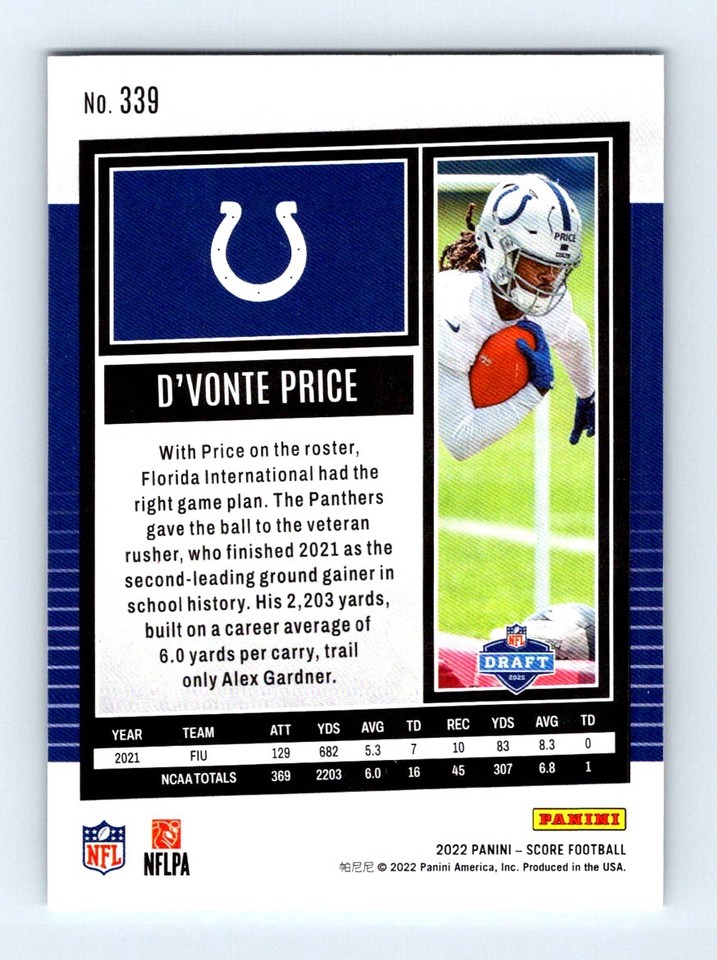 #339 2022 Score BASE )) D'Vonte Price RC Indianapolis Colts | eBay