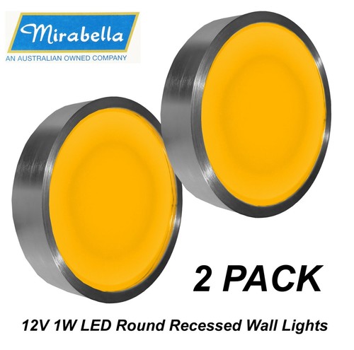2 x Yellow/Orange LED 90mm Round Aluminium Semi - Recessed Wall Lights ...