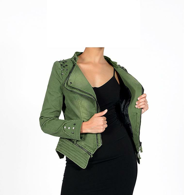 Women's Punk Rivet Denim Short Motorcycle Jacket Coat Slim Fit Zipper ...