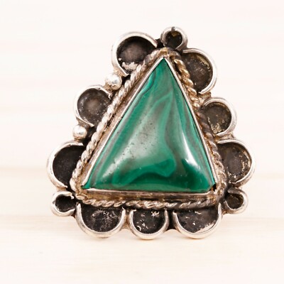 OLD PAWN STERLING SILVER GREEN MALACHITE ROPE BORDER TRIANGLE RING SIZE ...