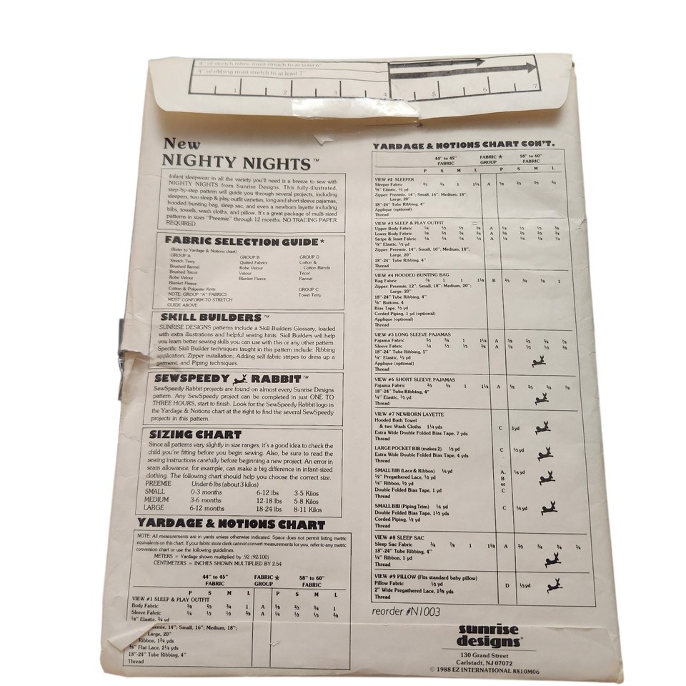 Vintage Sunrise Designs Nighty Nights Infant Sleepwear Pattern Preemie ...