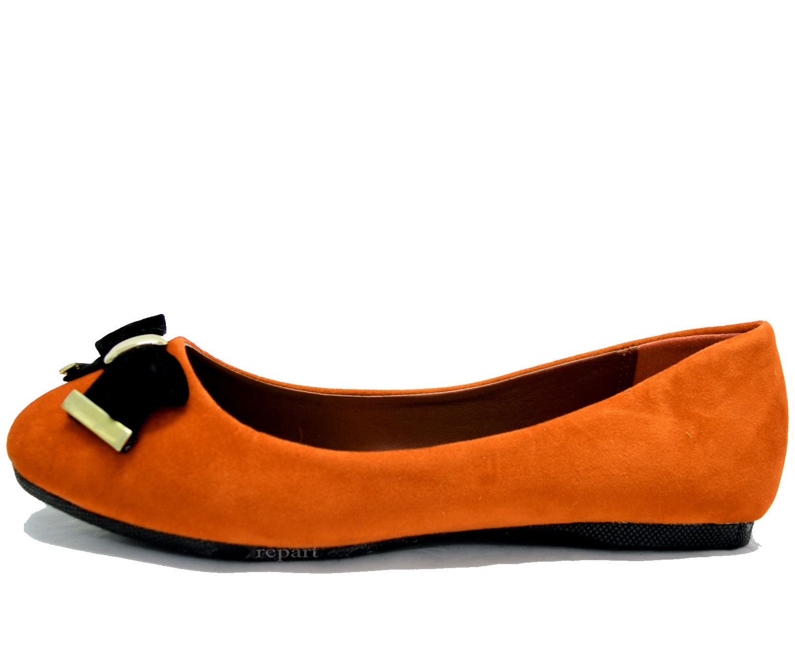 New women's shoes orange ballet flat ballerina suede like black bow ...