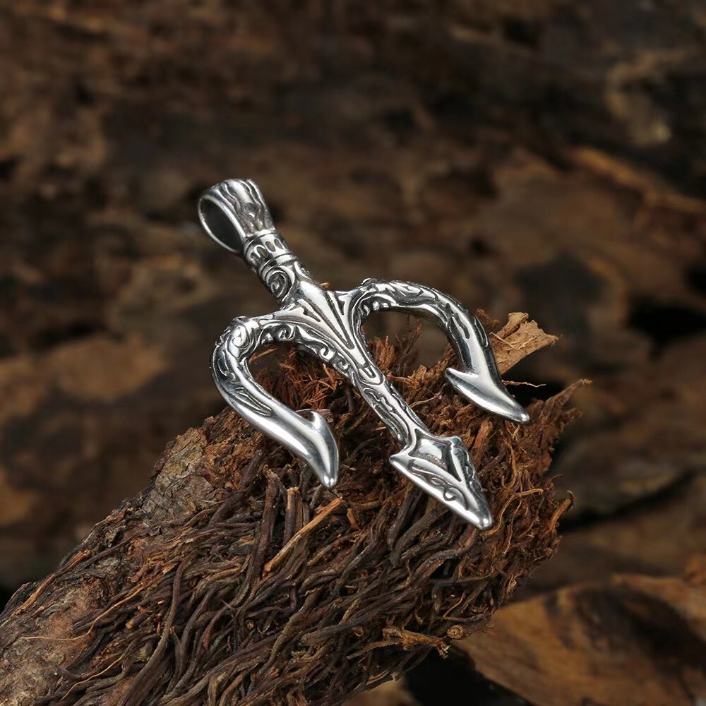 For Men Silver Poseidon Trident Pendant Necklace Chain Punk Rock Biker ...
