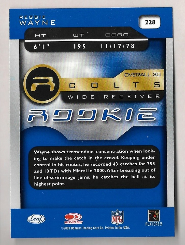 REGGIE WAYNE 2001 QUANTUM LEAF ROOKIE CARD #228 RC COLTS | eBay