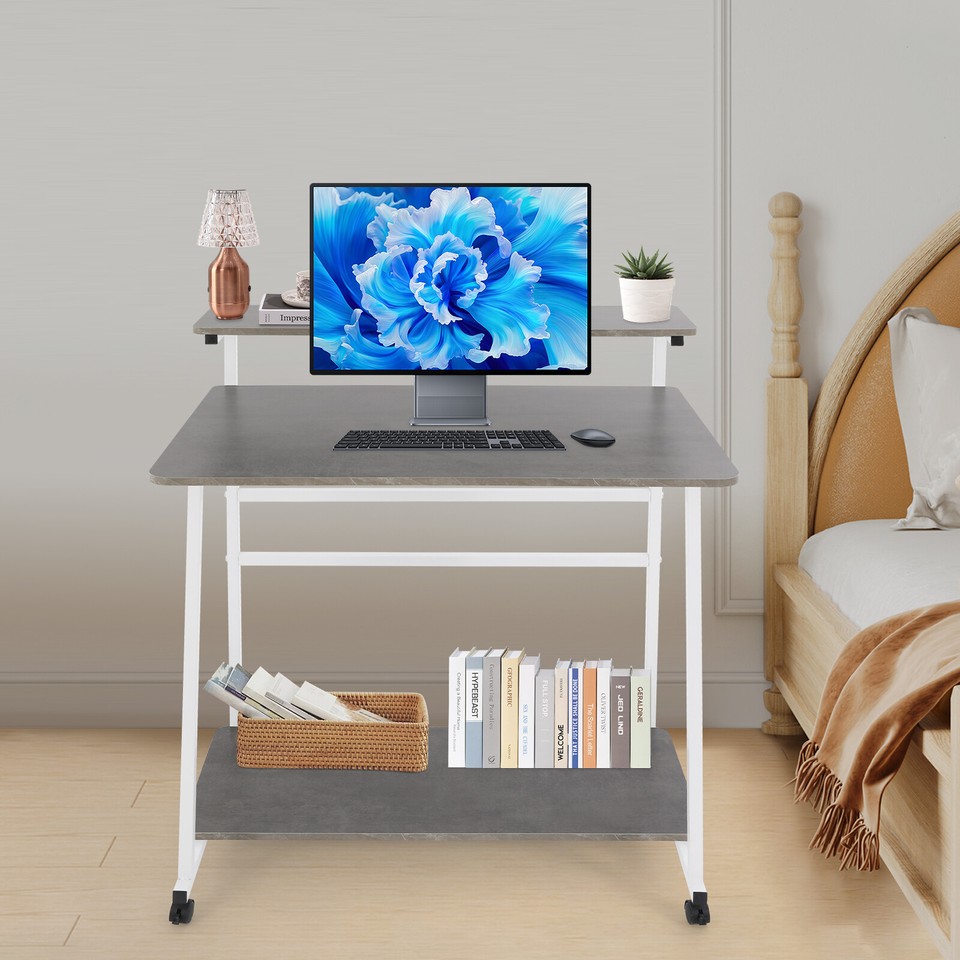 3-tier Computer Desk, Home Office Desk, Rolling Computer Desk, White ...