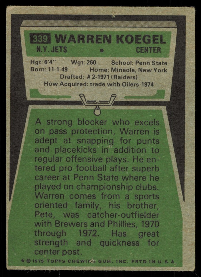 1975 Topps #339 Warren Koegel RC New York Jets | eBay