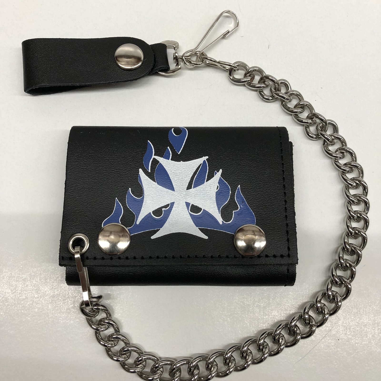 IRON CROSS BLUE FLAMES TRIFOLD LEATHER WALLET WITH CHAIN | eBay