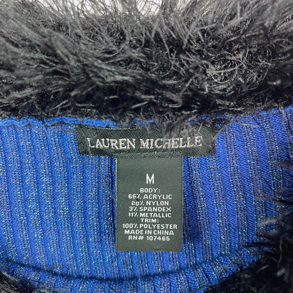 Lauren Michelle Fluffy Black Collar Sweater Metallic Blue Ribbed Xmas ...