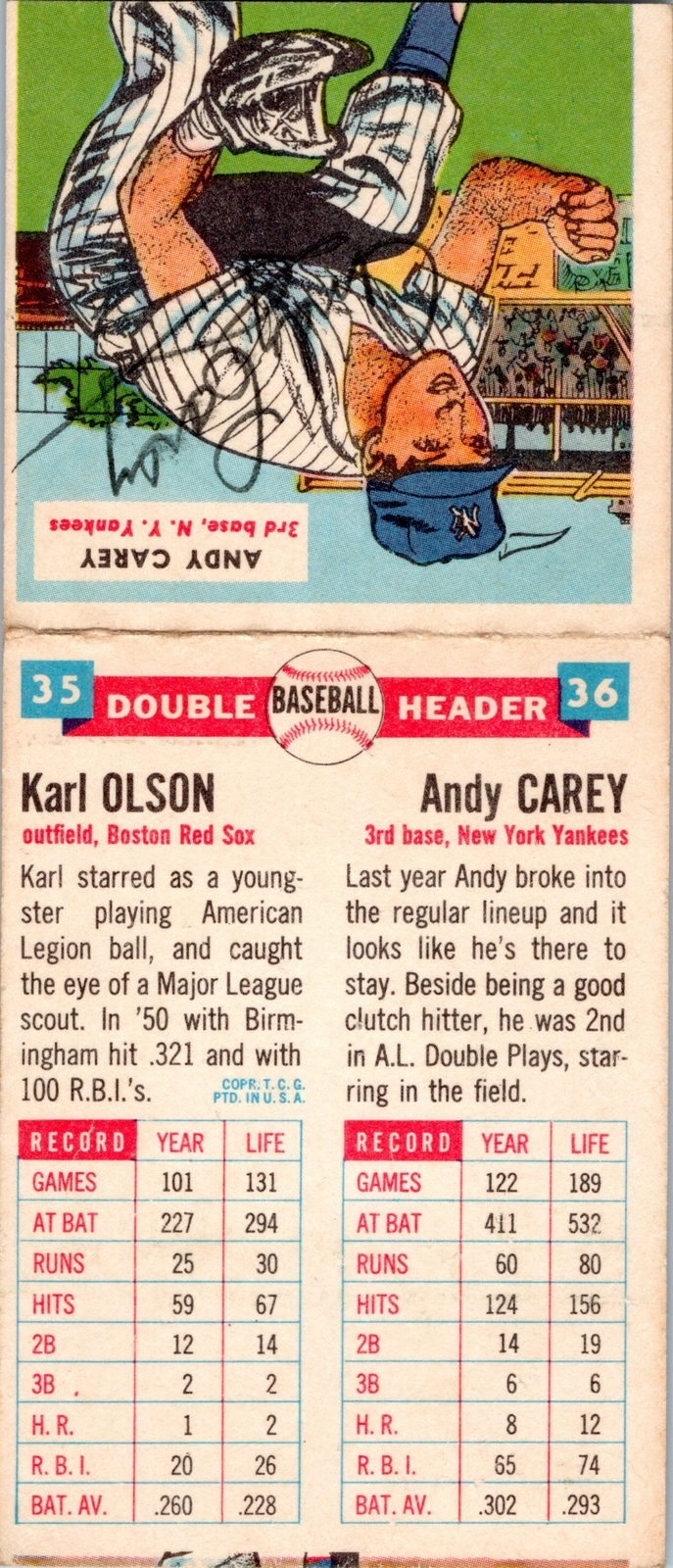 Andy Carey Signed Autographed 1955 Topps Double Header Baseball Card ...