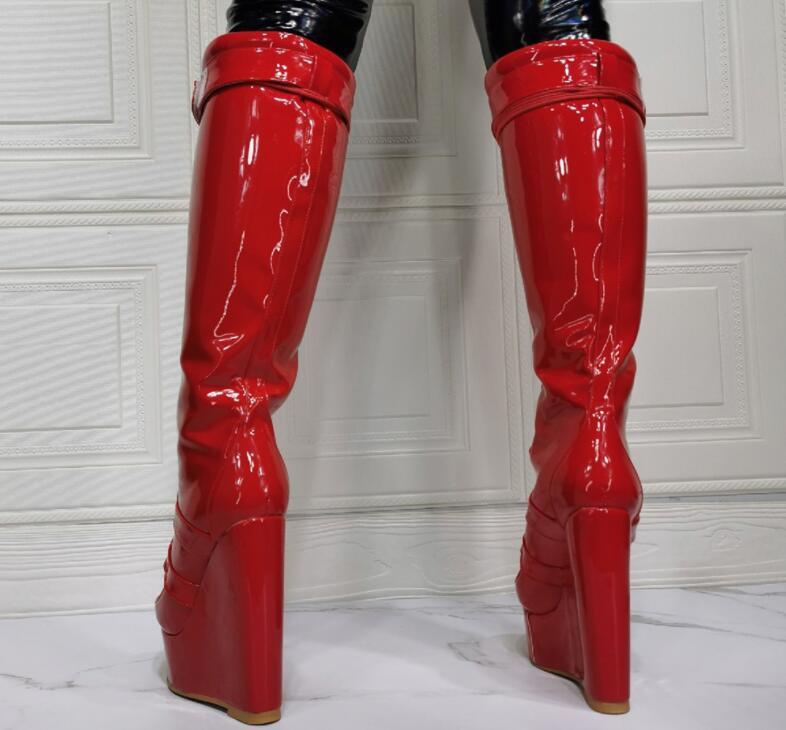Womens Fashion Round Toe Lace Up Red Patent leather Knee Boots Wedge ...
