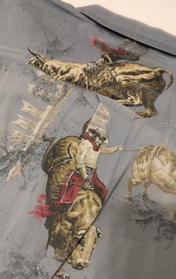 Bit And Bridle Size Medium Button Up Rodeo Cattle Cowboy Blue Patterns ...