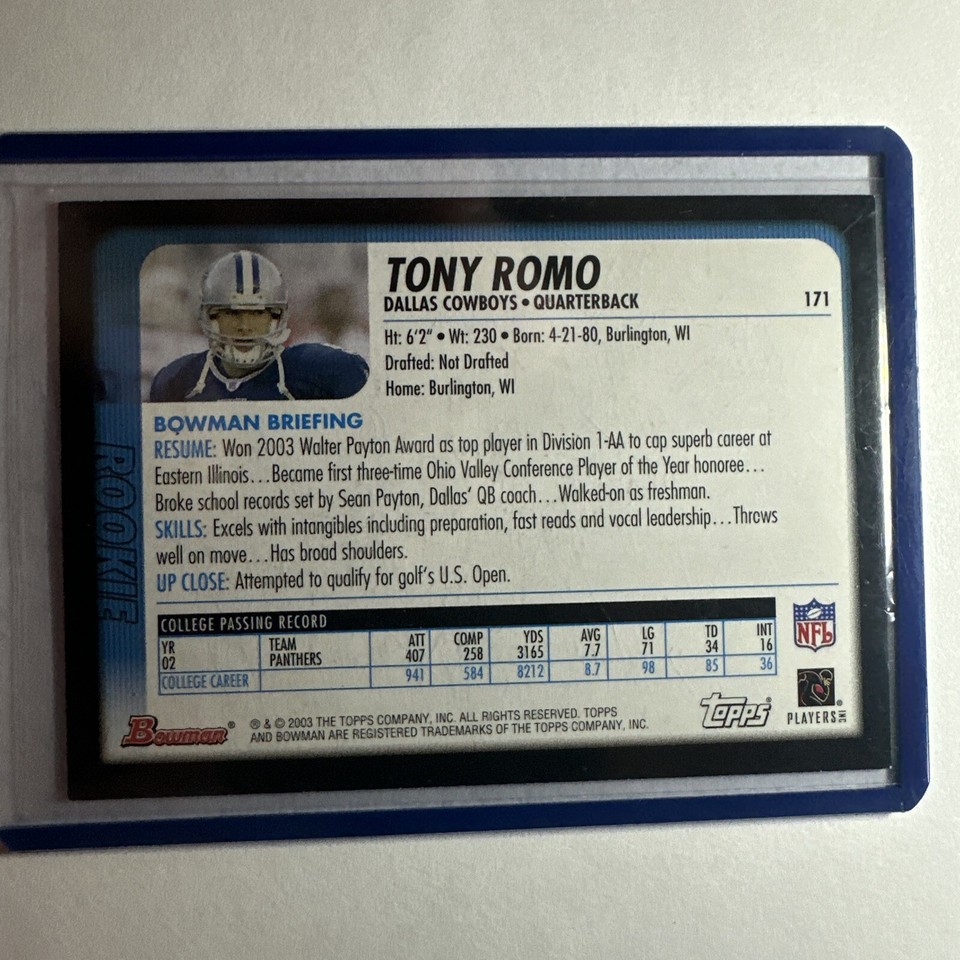2003 Topps Bowman Tony Romo Rookie Card RC #144 Dallas Cowboys Football ...