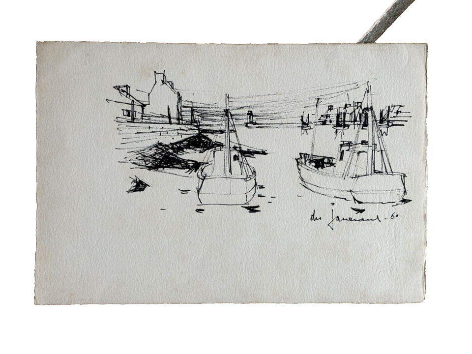 Vintage Ink Drawing Marine Port Portrait Dove Letter Daniel DU JANERAND ...