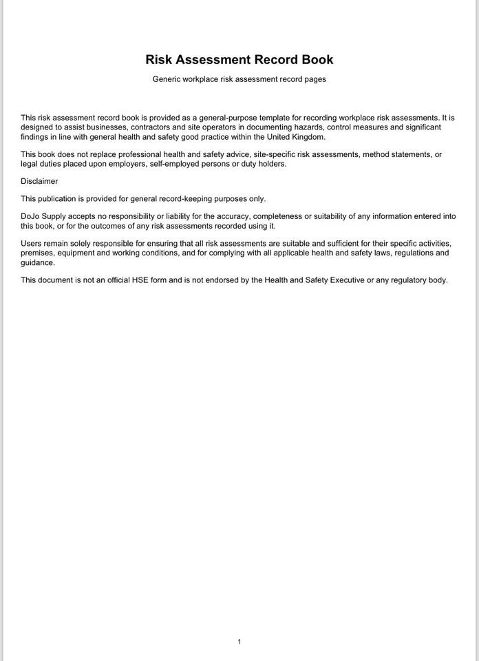 Risk Assessment Record Book 100 Generic Workplace Health & Safety ...