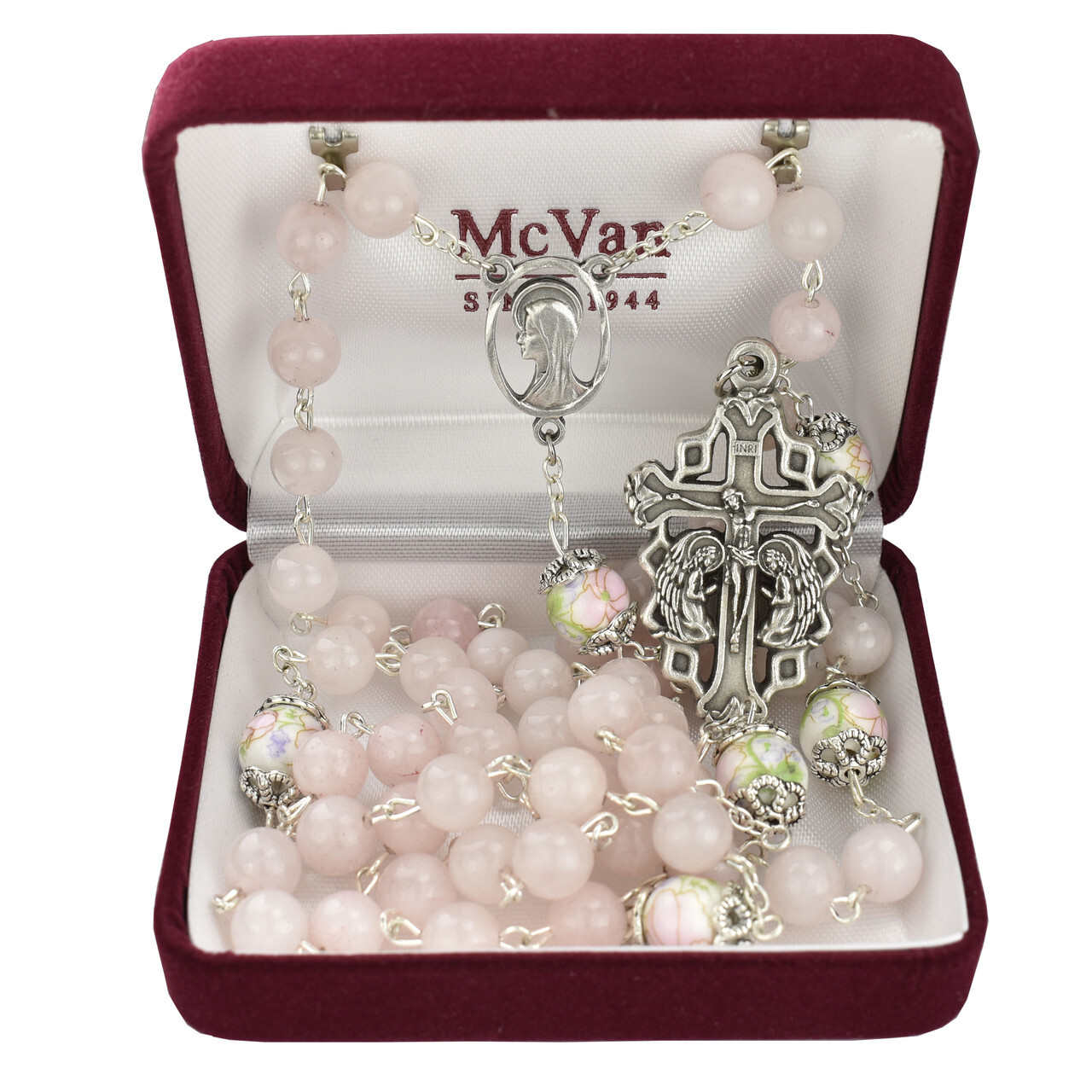 Adoration Rosary 8mm Rose Quartz Beads Silver Ox Praying Angel INRI ...