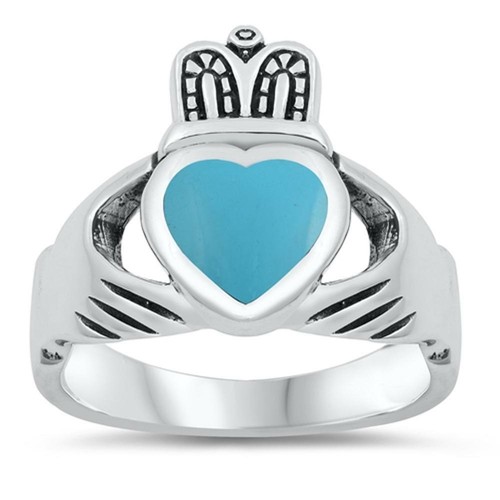 Turquoise Claddagh Heart Polished Ring New .925 Sterling Silver Band ...