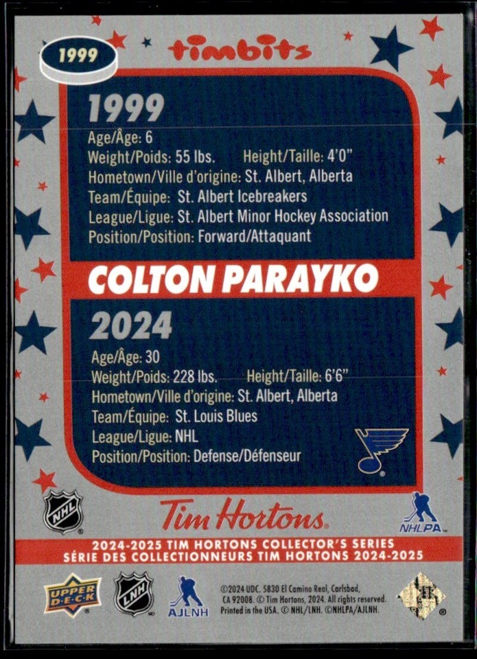 2024-25 UPPER DECK TIM HORTONS TIMBITS TO NHL - PICK SINGLES - FINISH ...