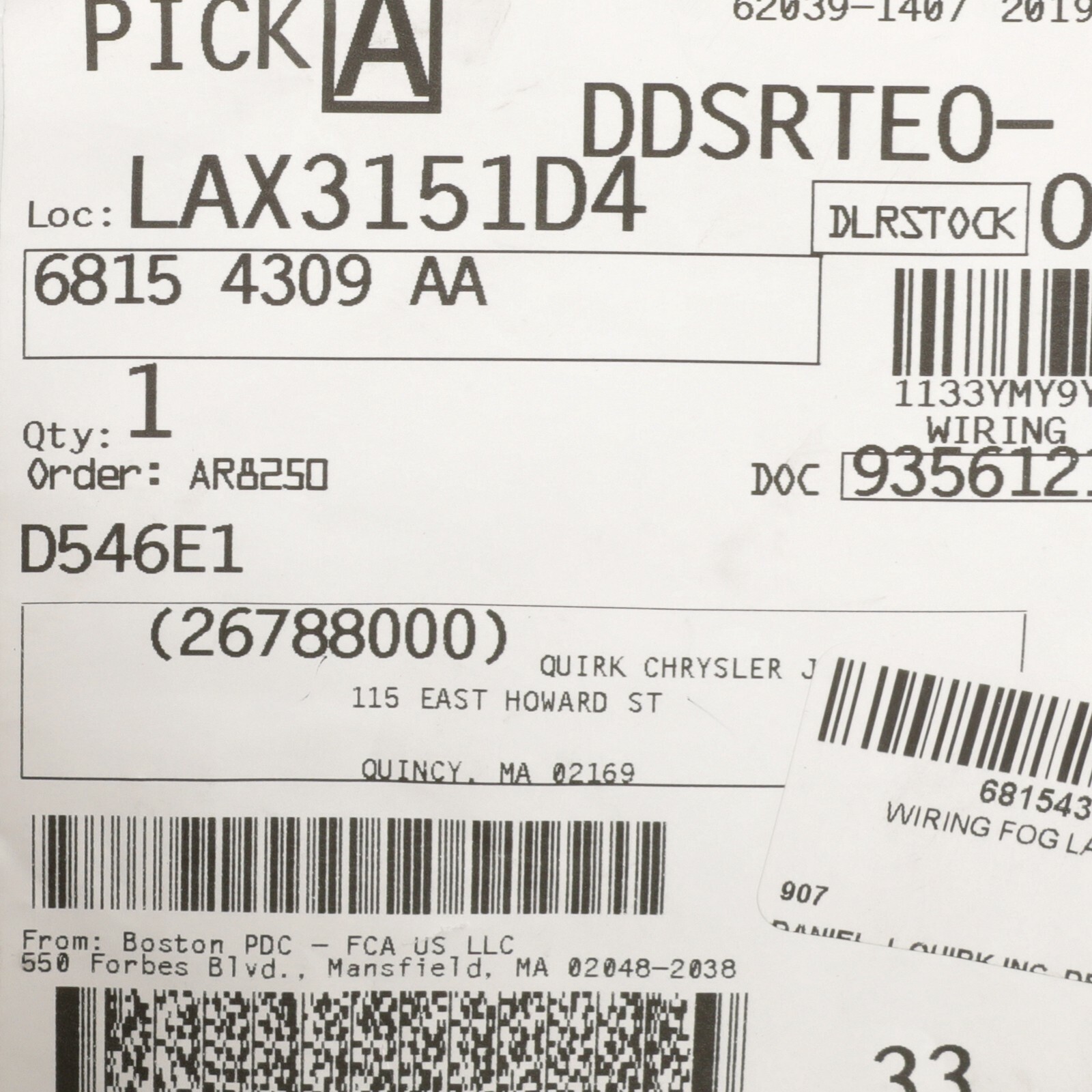 2013-2018 RAM 1500 FRONT FOG LIGHT LAMP JUMPER WIRING HARNESS MOPAR ...