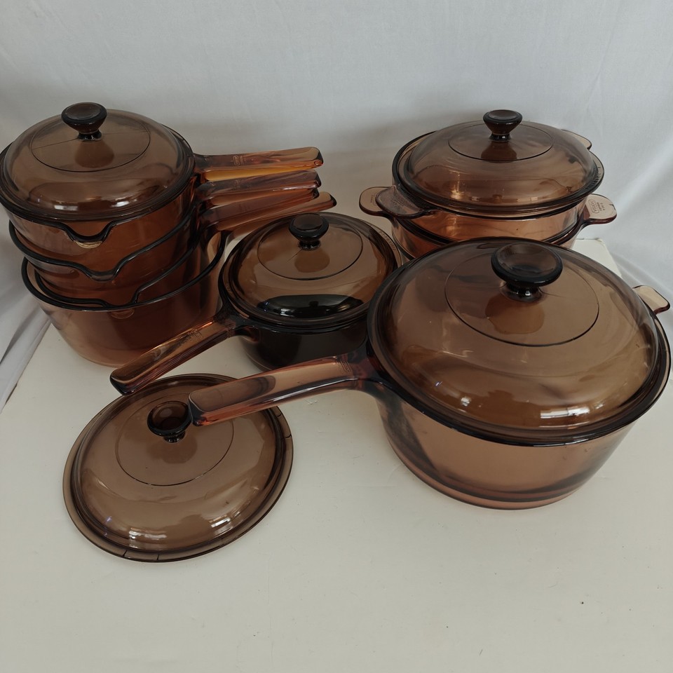 Vtg Corning Visions 13 Piece Lot of Amber Cookware - Sauce Pans + | eBay