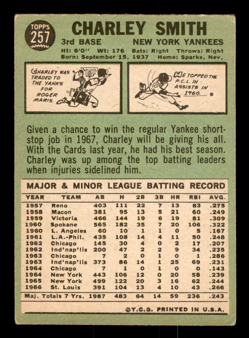 1967 Topps Baseball #257 Charley Smith VG *d5 | eBay