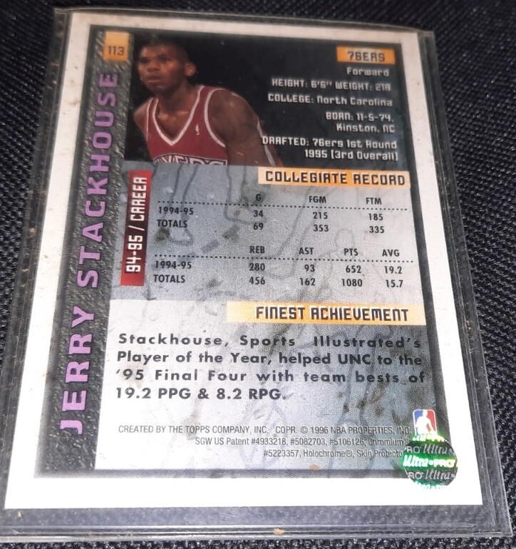 1995-1996 Topps Finest Jerry Stackhouse Rookie Card with Coating # 113 ...