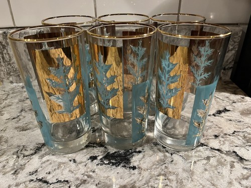 MCM Vintage 1950's LIBBEY Leaf Gold And Turquoise Barware Set Of 6 ...