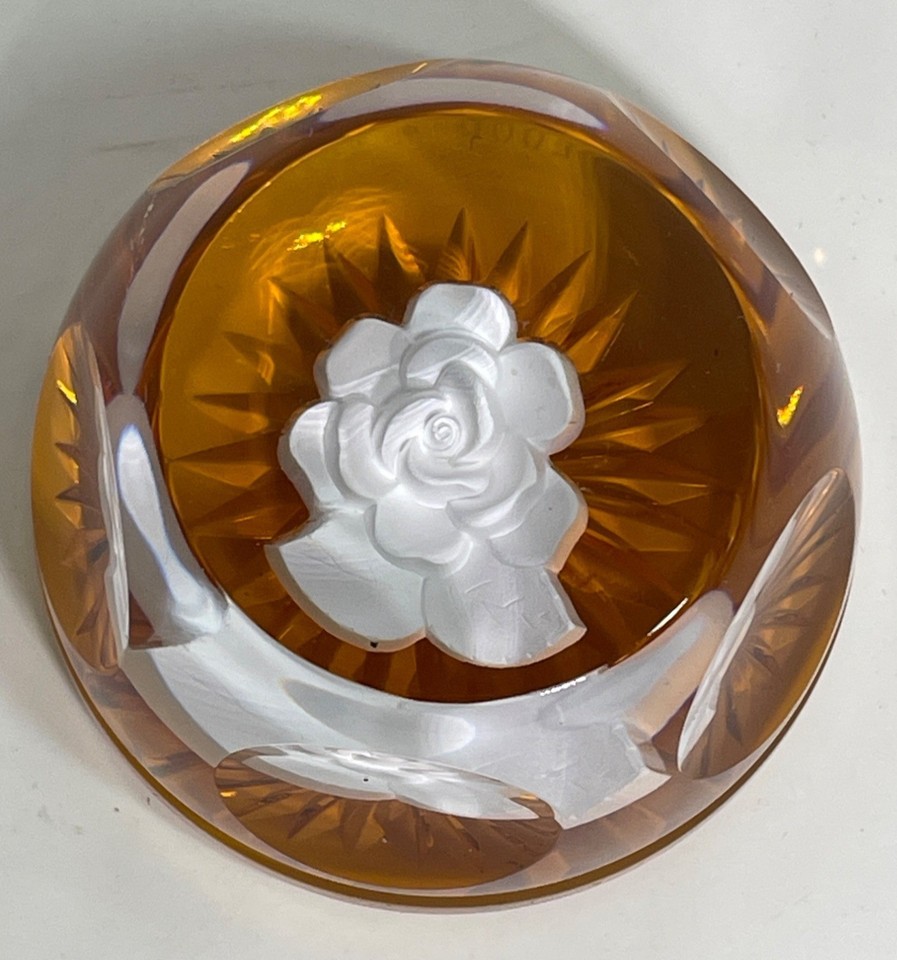 White Rose & Amber Crystal Paperweight By Eickholt Signed 2000 | eBay